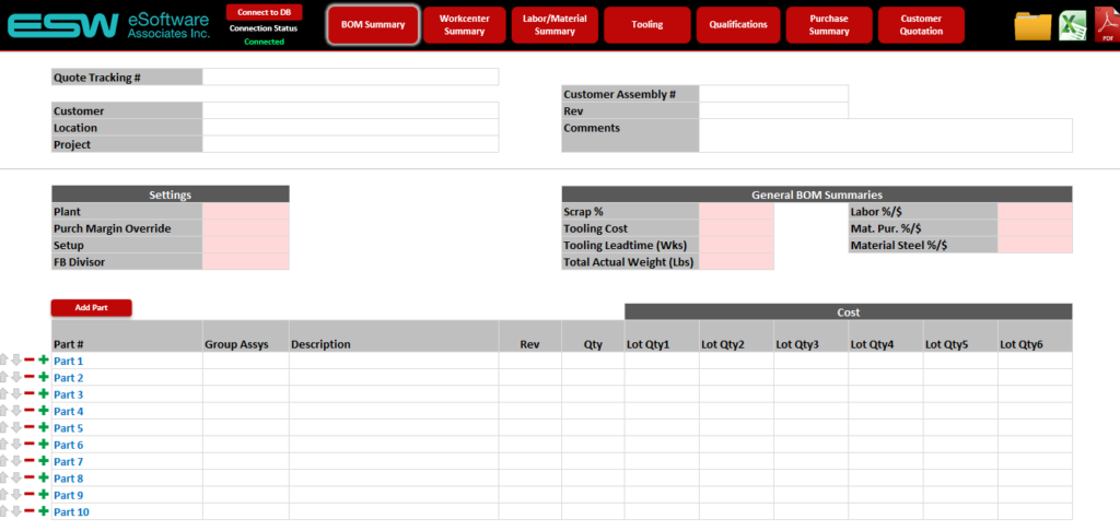 Manufacturing Quoting App in Excel